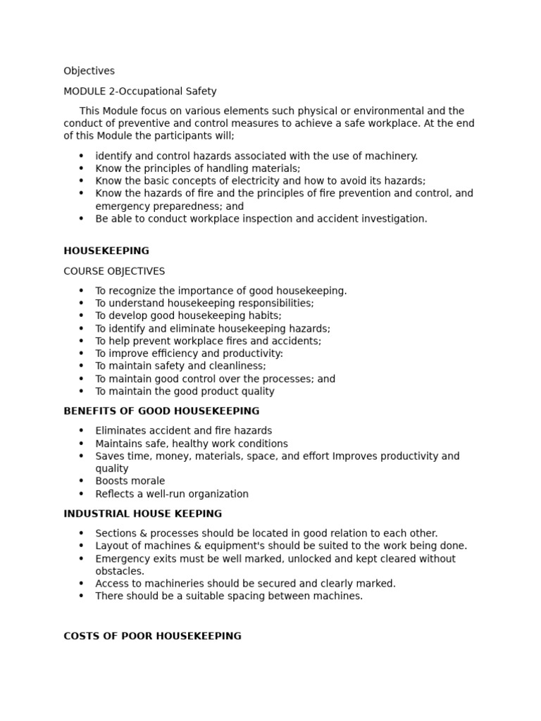 Objectives | PDF | Fires | Housekeeping