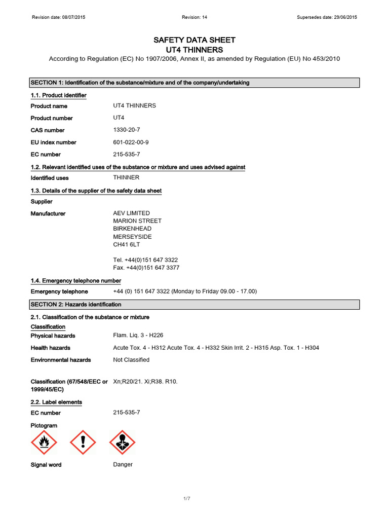 UT4 THINNERS Safet Data Sheet | PDF | Dangerous Goods | Toxicity
