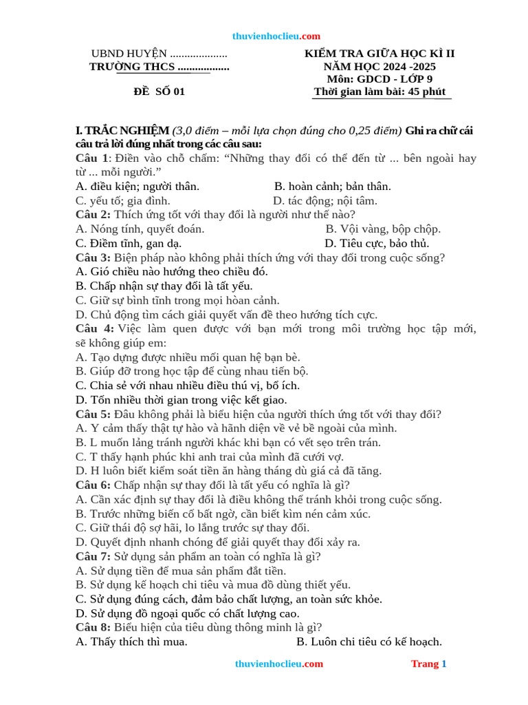 Bo de Kiem Tra Giua HK2 GDCD 9 Nam 24 25 | PDF