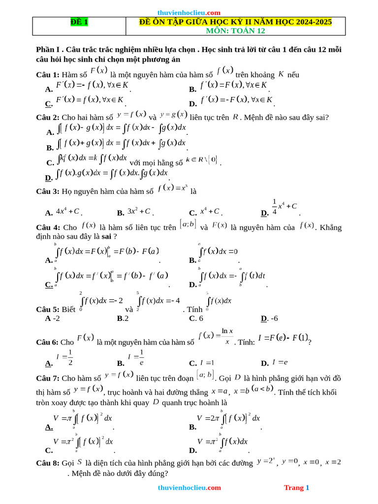 Thuvienhoclieu.com Bo 25 de on Tap Giua HK2 Toan 12 KNTT | PDF