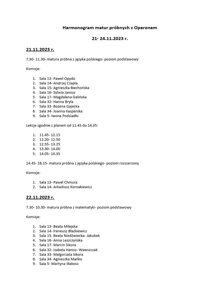 Harmonogram Matur Próbnych Z Operonem 21-24.11.2023 | PDF