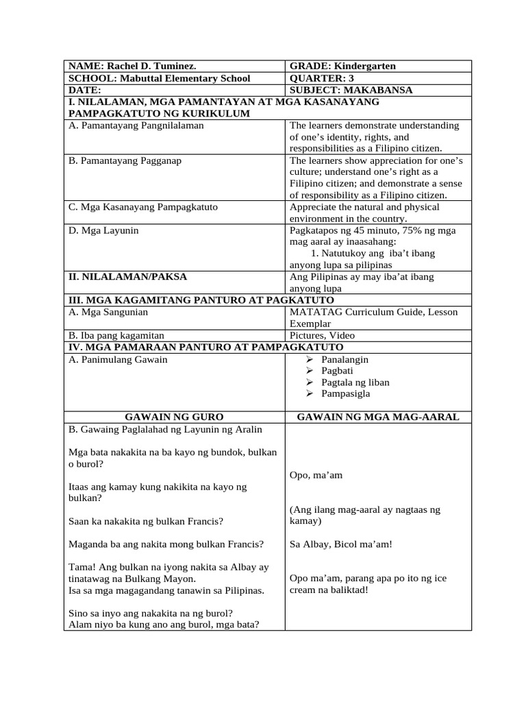Makabansa Kindergarten LP | PDF
