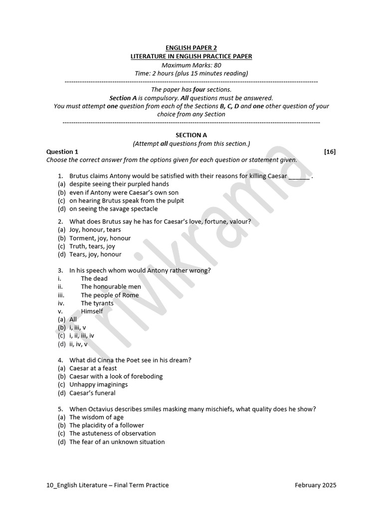 English Literature Practice Paper 2025 | PDF | Julius Caesar