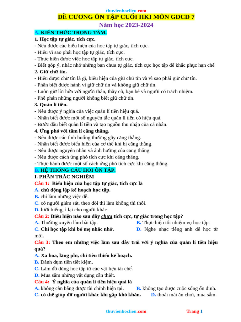 thuvienhoclieu.com-De-cuong-on-tap-GDCD-7-HK1-23-24 | PDF