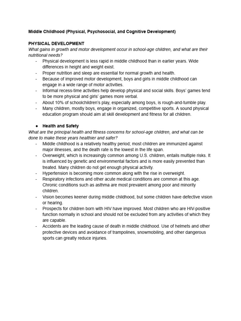 Middle Childhood Physical Psychosocial Cognitive Development | PDF ...