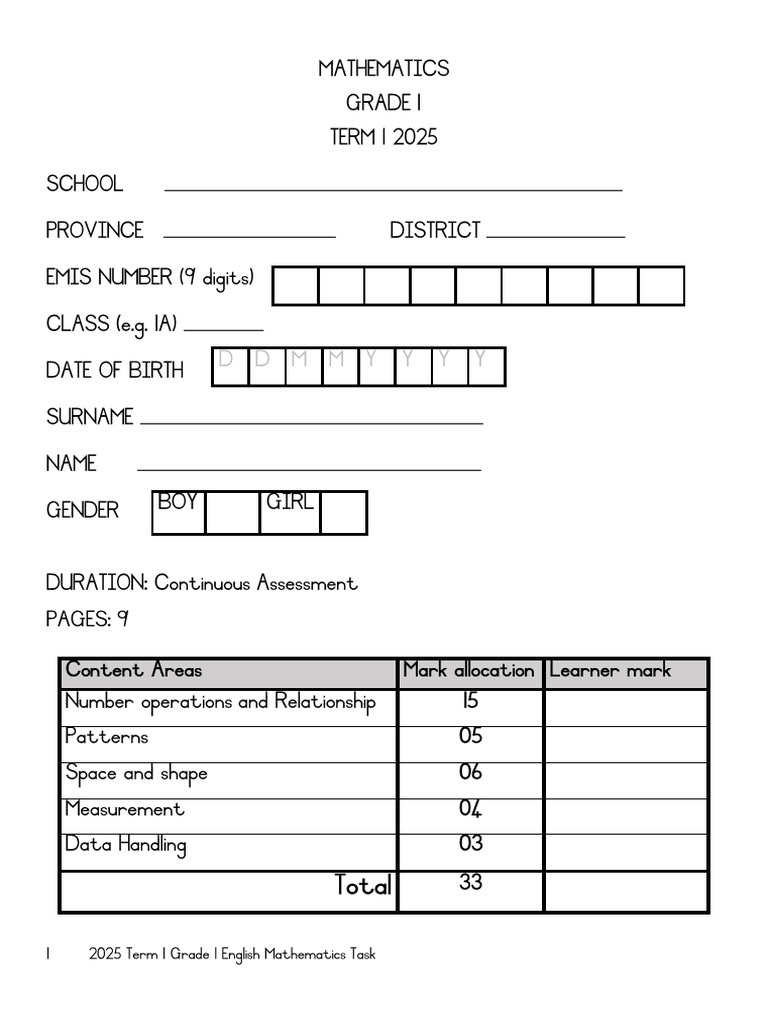 2025 Term 1 Grade 1 English Maths Task | PDF