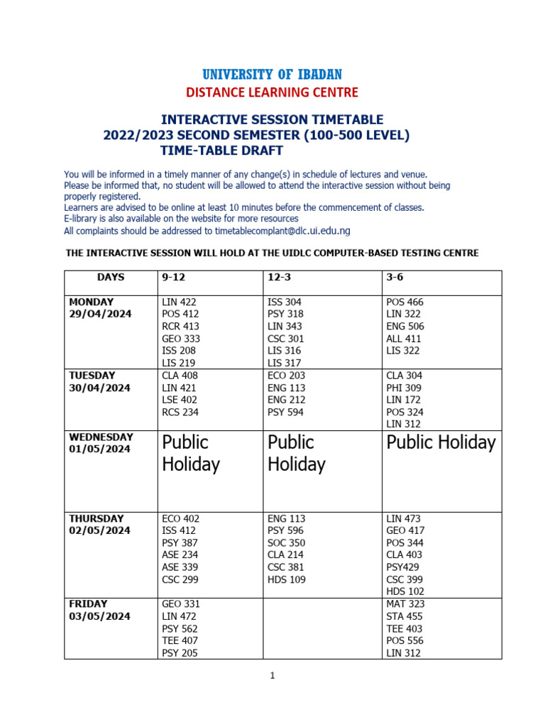 UIDLC Semester Timetable | PDF