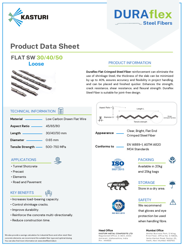 DURAflex Steel Fiber Product Data Sheet | PDF | Fibers | Concrete
