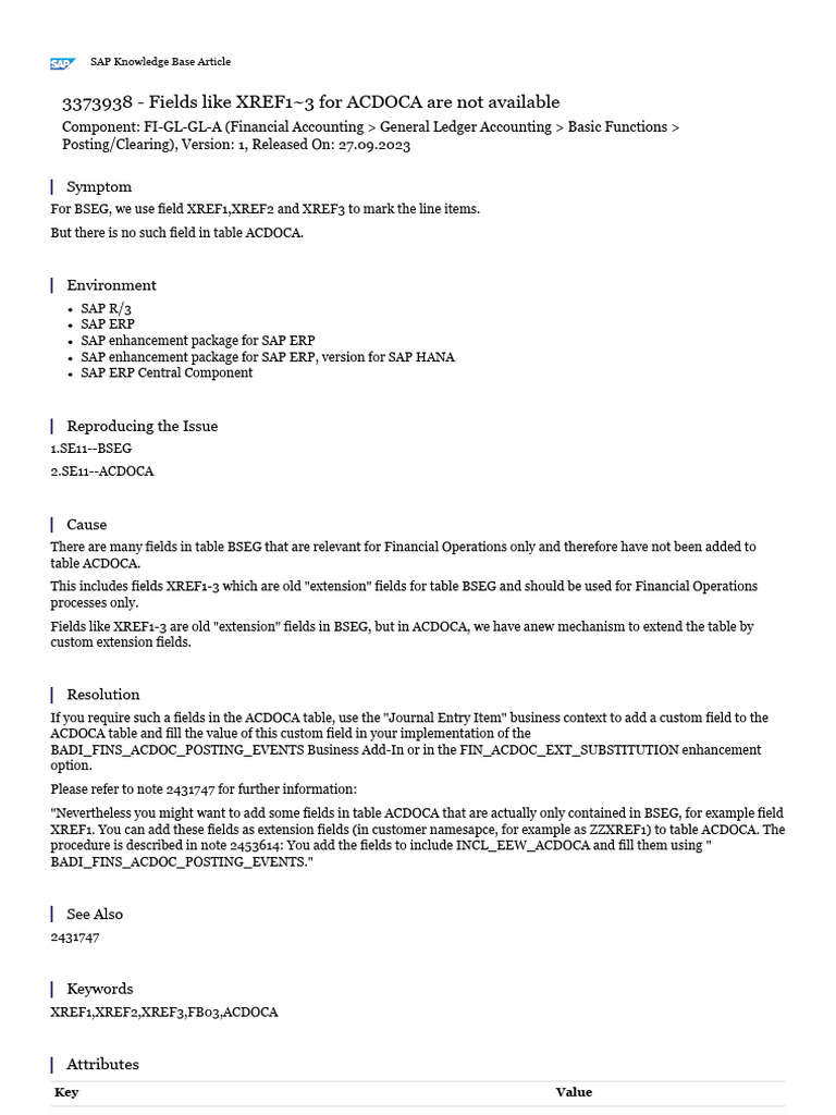 XREF Fields Missing in ACDOCA Table | PDF