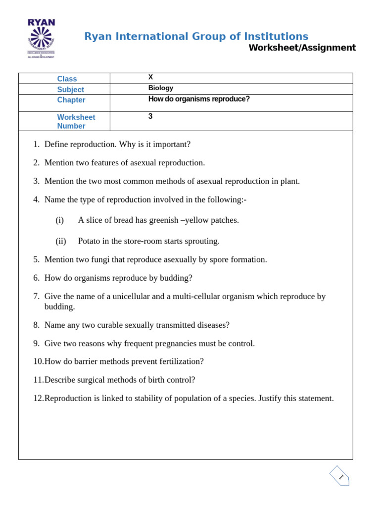 Biology Worksheet on Organism Reproduction | PDF