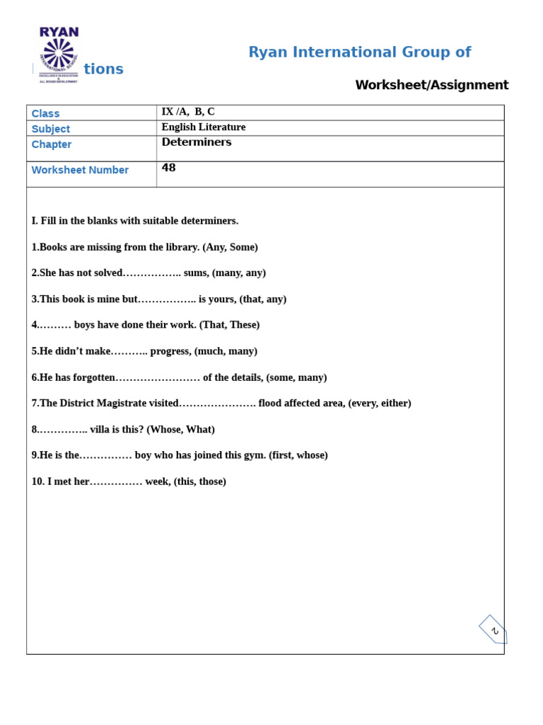 Class IX English Determiners Worksheet | PDF