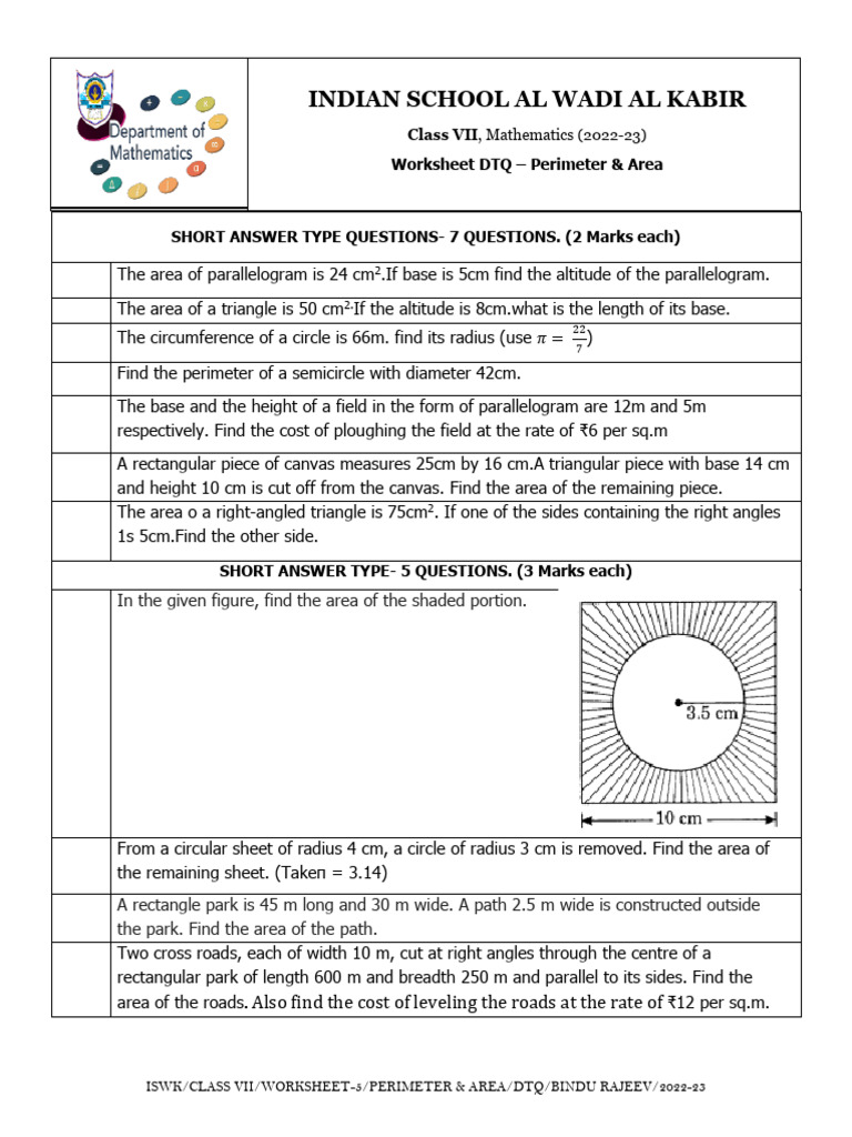 Class VII Worksheet: Perimeter & Area | PDF | Area | Euclidean Plane Geometry