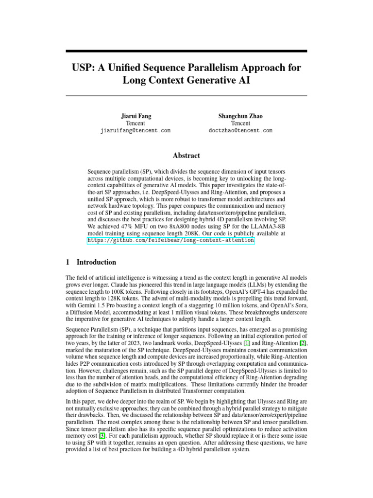 Usp A Unified Sequence Parallelism Approach For Long Context Generative A Pdf Parallel