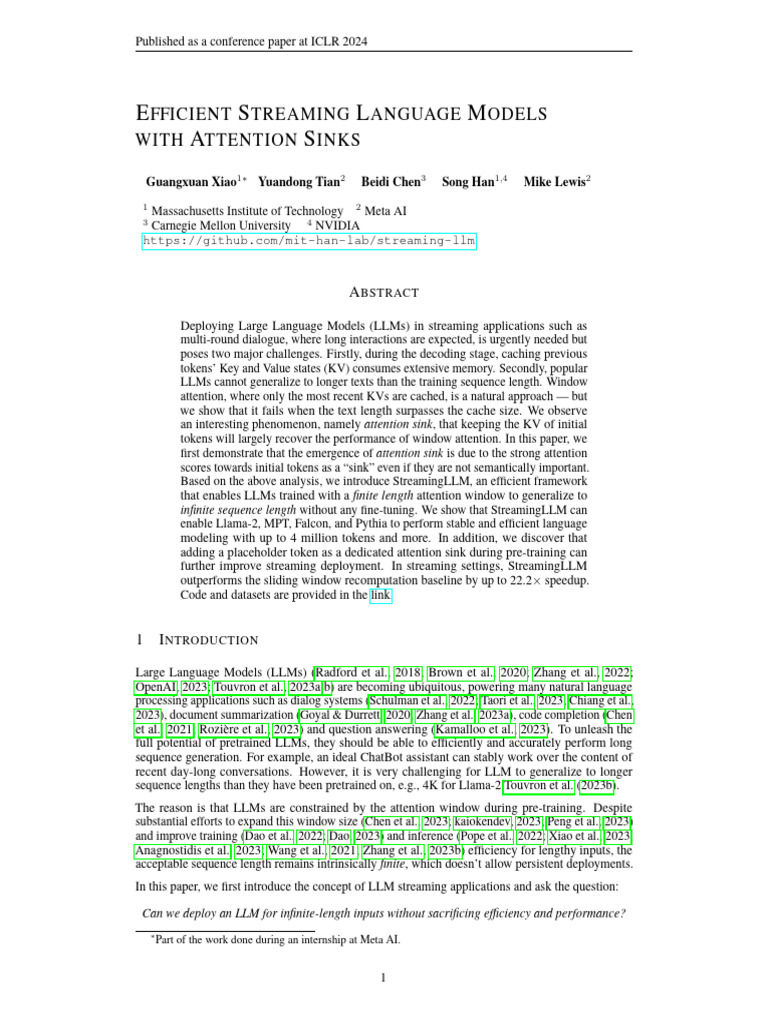 Efficient Streaming LLMs with Attention Sinks | PDF