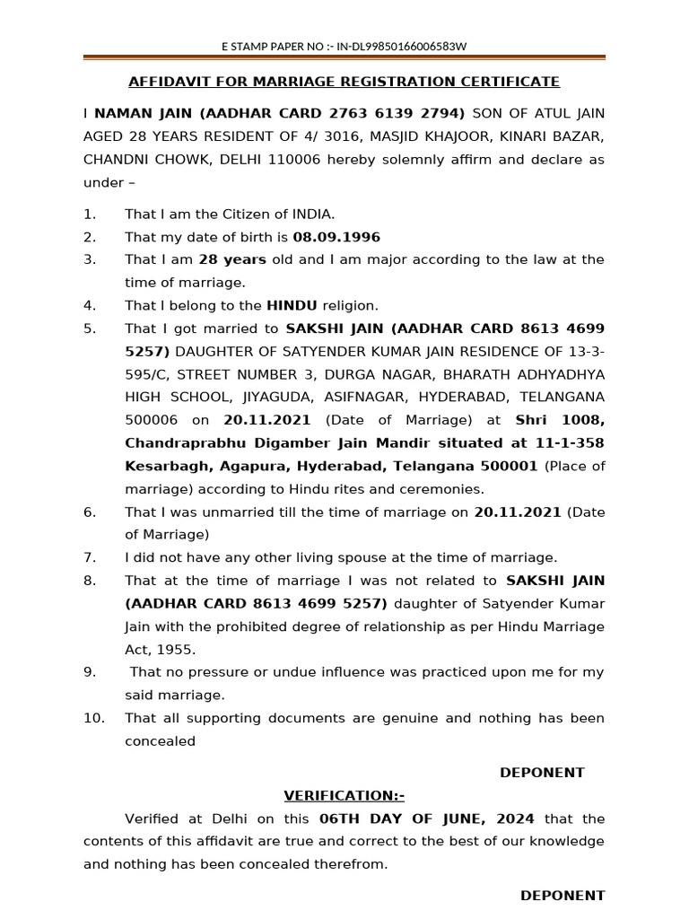 Affidavit For Marriage Registration | PDF | Affidavit | Marriage