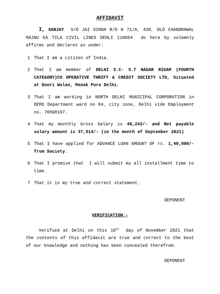 Affidavit For Loan | PDF