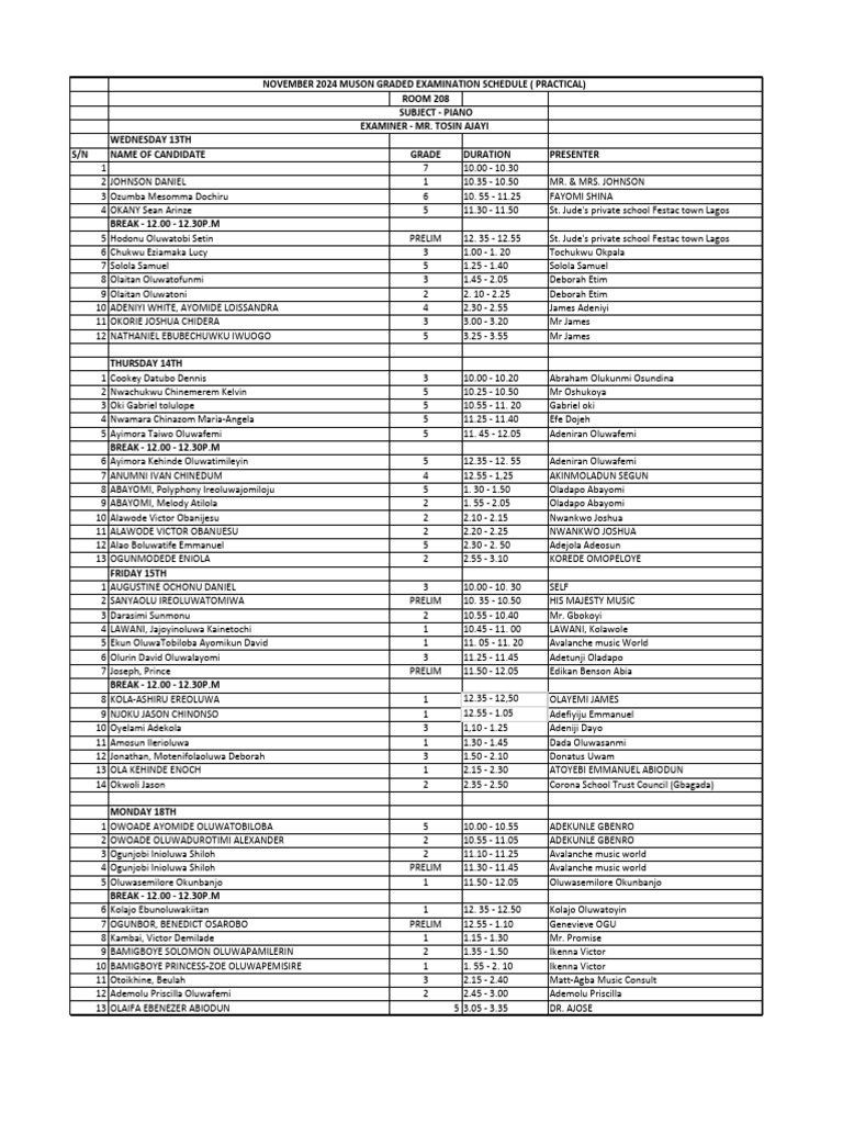November 2024 Practical Schedule (Muson Graded Exam) | PDF | Saxophone ...