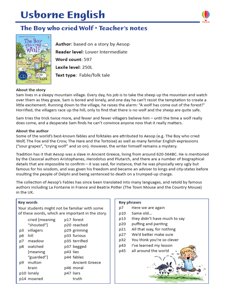 Boy Who Cried Wolf Teachers Notes | PDF | Aesop | Fable