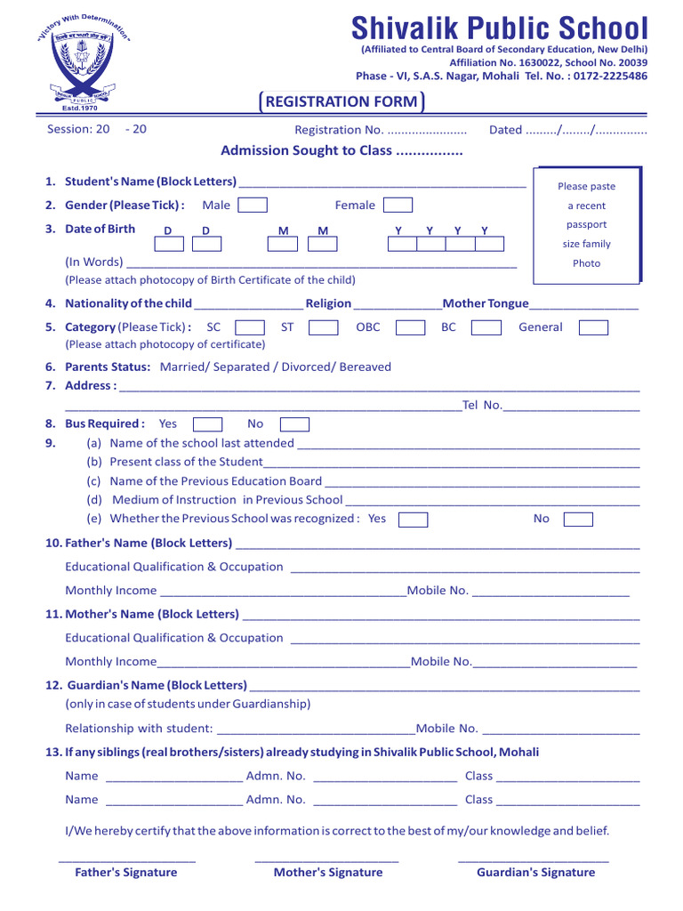 Registration Form for Day Scholar Mohali (1) | PDF | Social ...