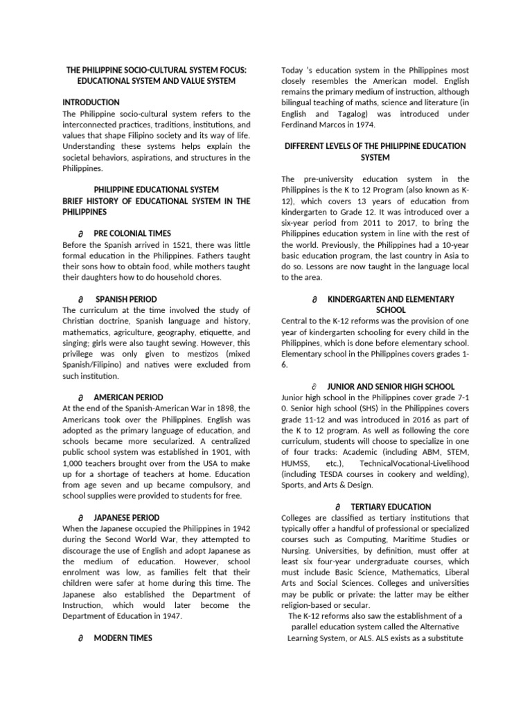 Philippine Socio Cultural Educational System | PDF | Distance Education ...