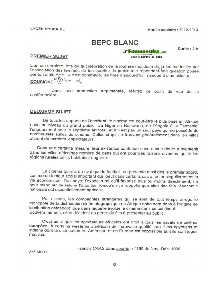 612756e4af04fsujet de Composition Francaise Bepc Blanc 2013 Lyc | PDF