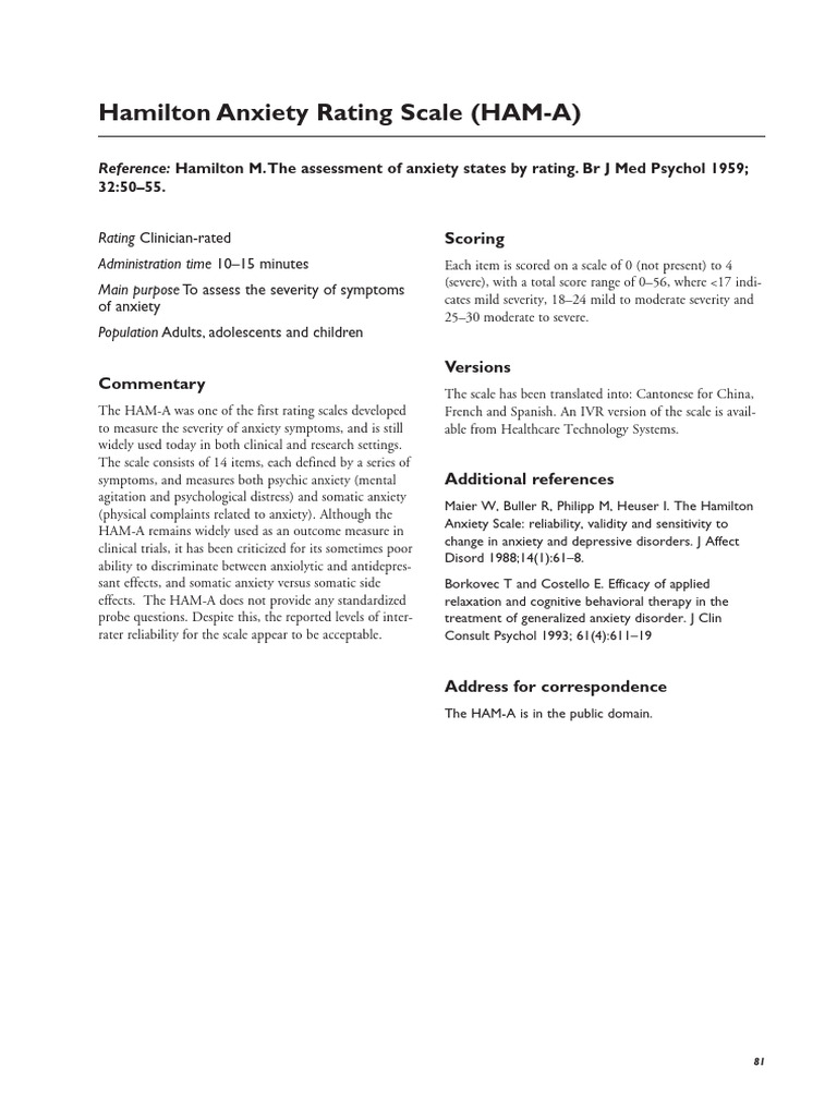 Hamilton Anxiety | PDF