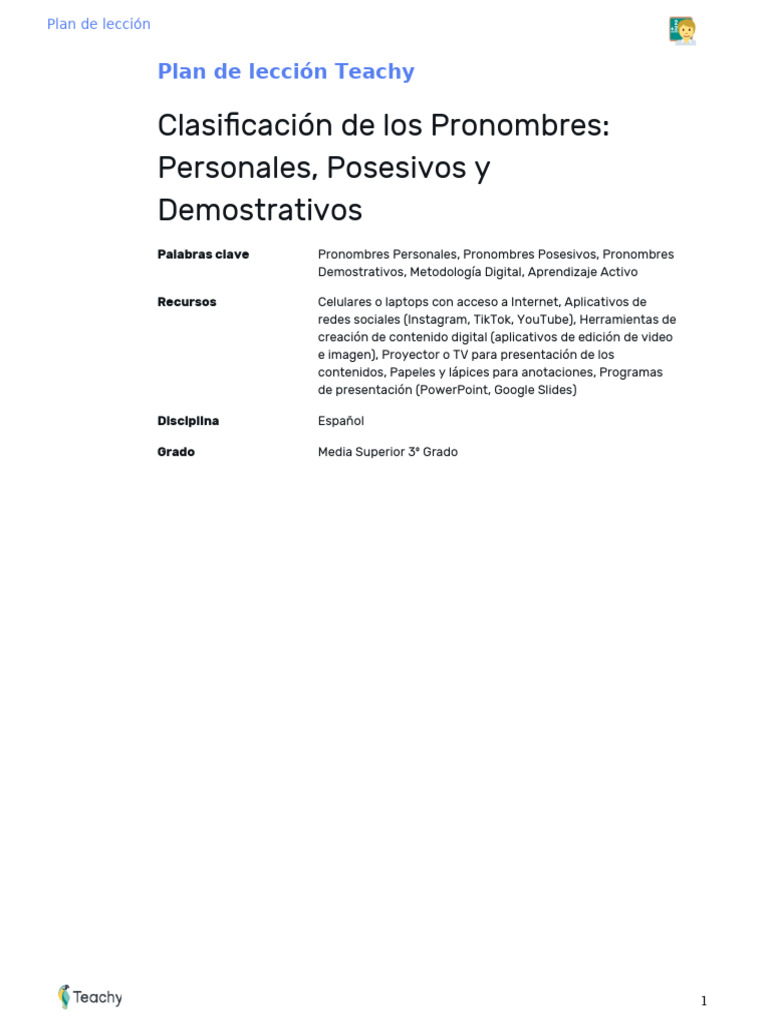 Clasificacion de Los Pronombres - Personales Posesivos y Demostrativos ...