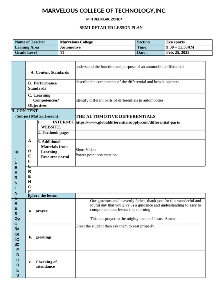 Lesson Plan Differential | PDF | Gear | Axle