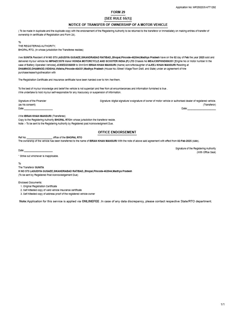 Form 29 MP04ZC3578 | PDF | Vehicles | Transport