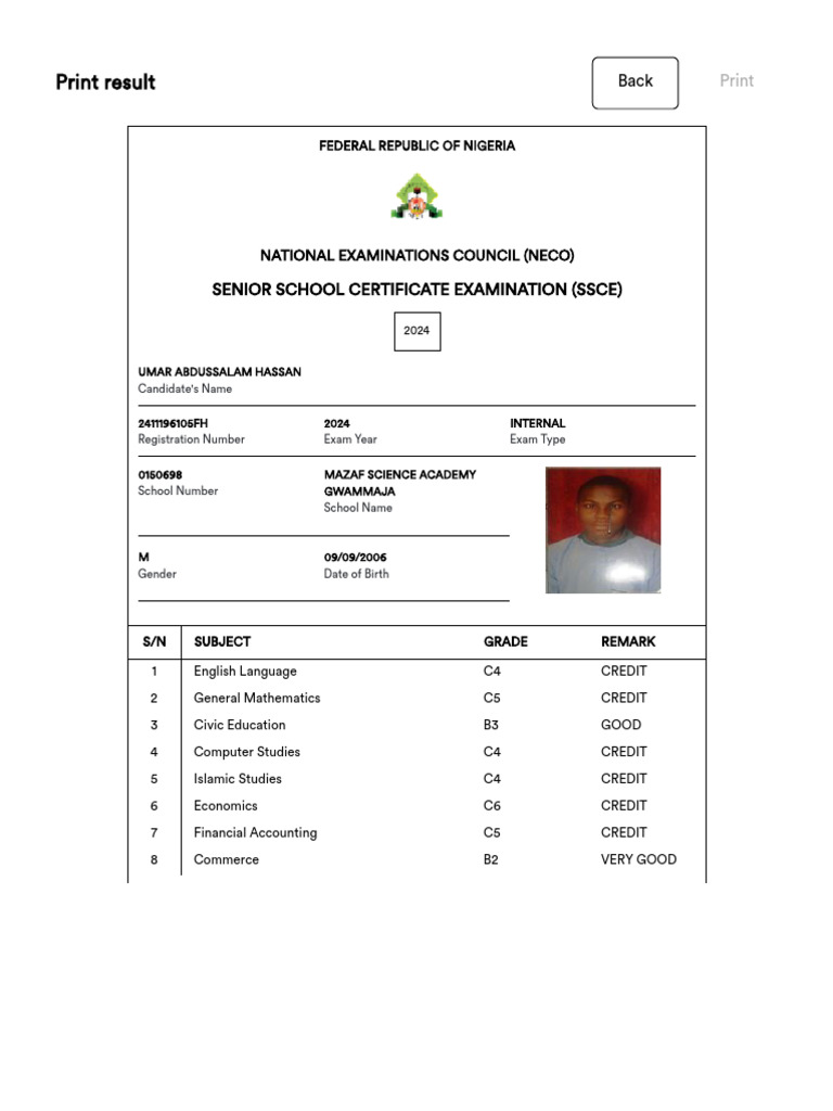 NECO Results Portal | PDF