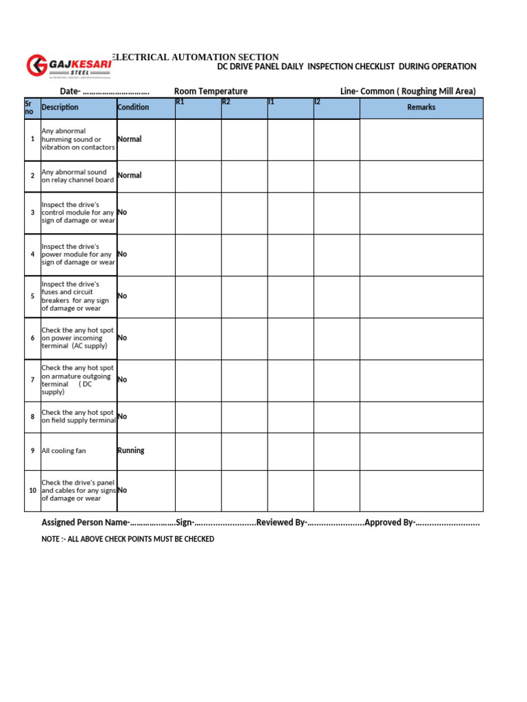 DC Drive Daily Insp. Checksheet (Mill Common Line) | PDF