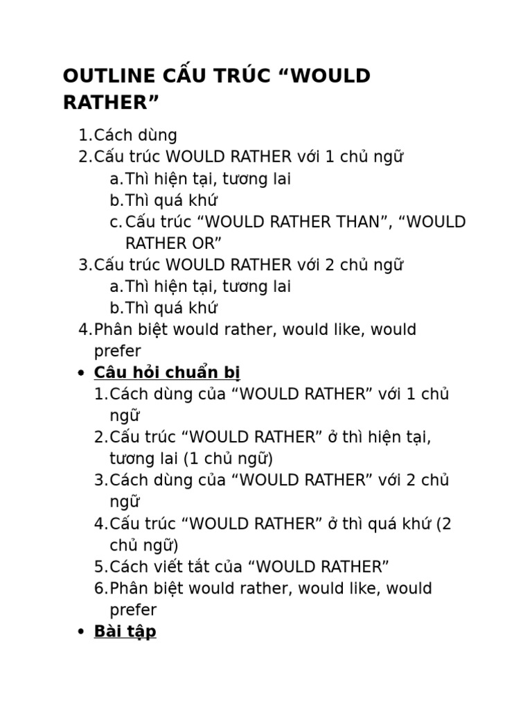 OUTLINE CẤU TRÚC WOULD RATHER | PDF
