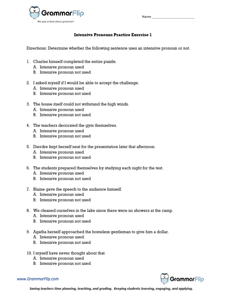Intensive Pronouns Practice Worksheet | PDF