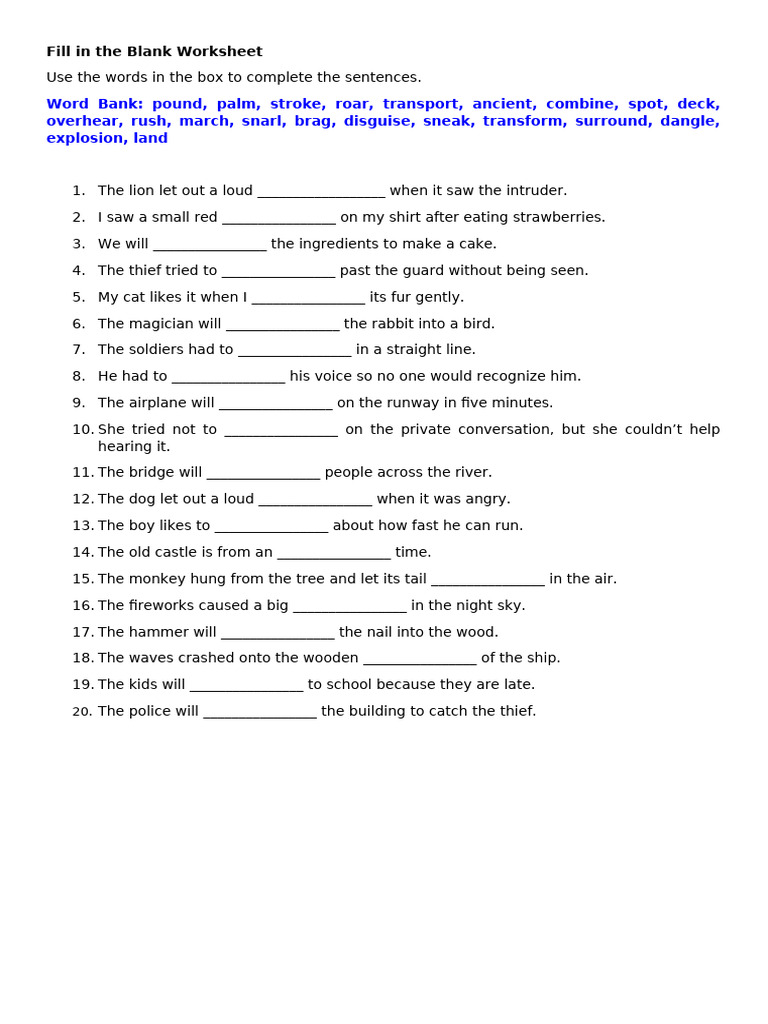 Fill in the Blank Vocabulary Activity | PDF