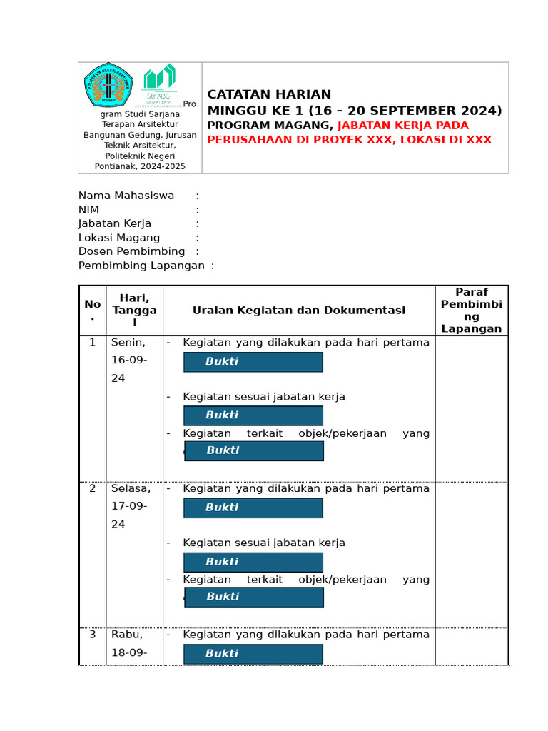 Template - CATATAN HARIAN Magang | PDF