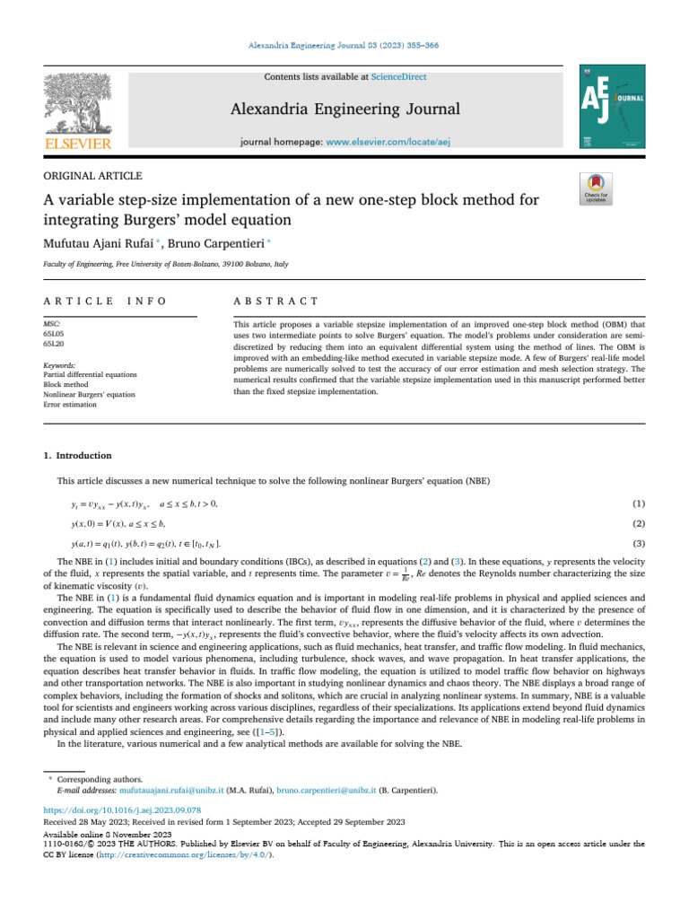 A Variable Step Size Implementation of A New One Step B - 2023 - Alexandria Engi | PDF ...
