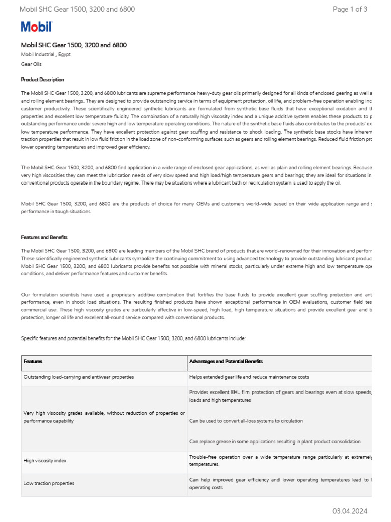 GL XX Mobil SHC Gear 1500 3200 and 6800 | PDF | Lubricant | Bearing ...