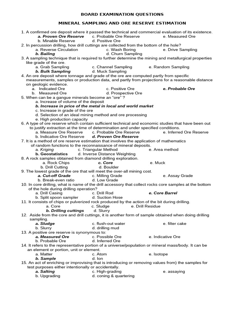 Ore Reserve Estimation Exam Questions | PDF | Ore | Sampling (Statistics)