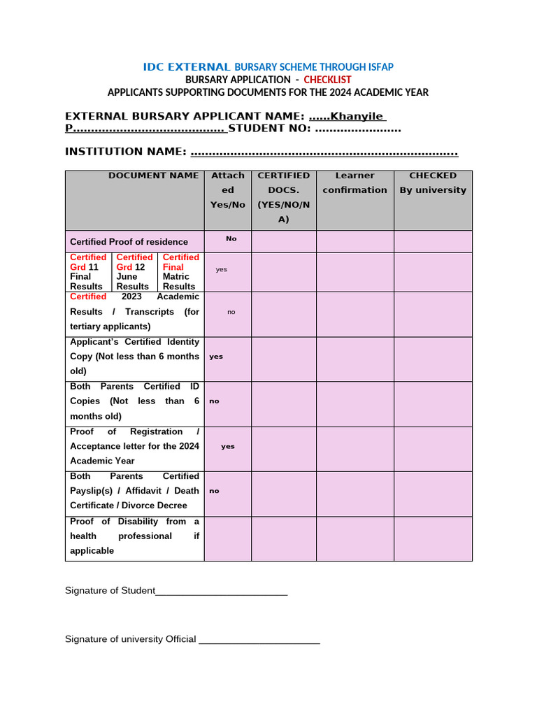 IDC EXTERNAL BURSARY SCHEME THROUGH USAf_checklist | PDF ...