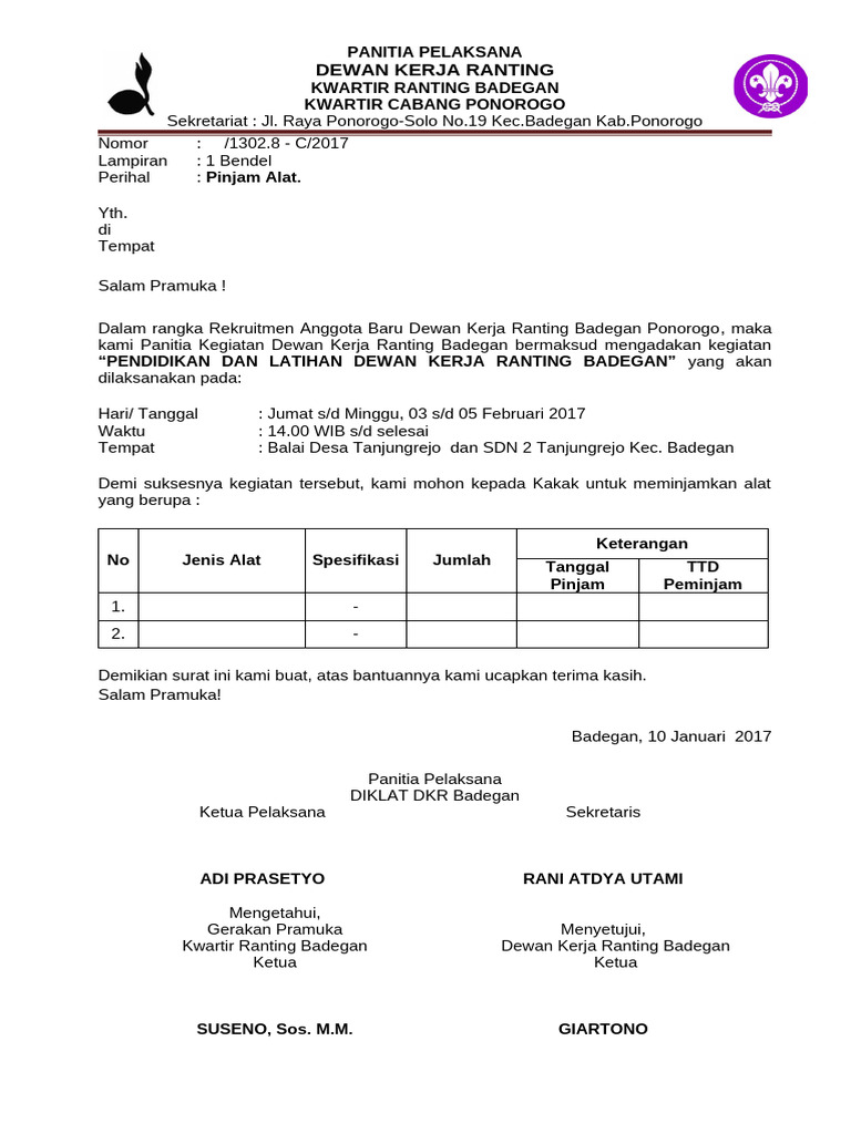 Surat Pinjam Alat | PDF