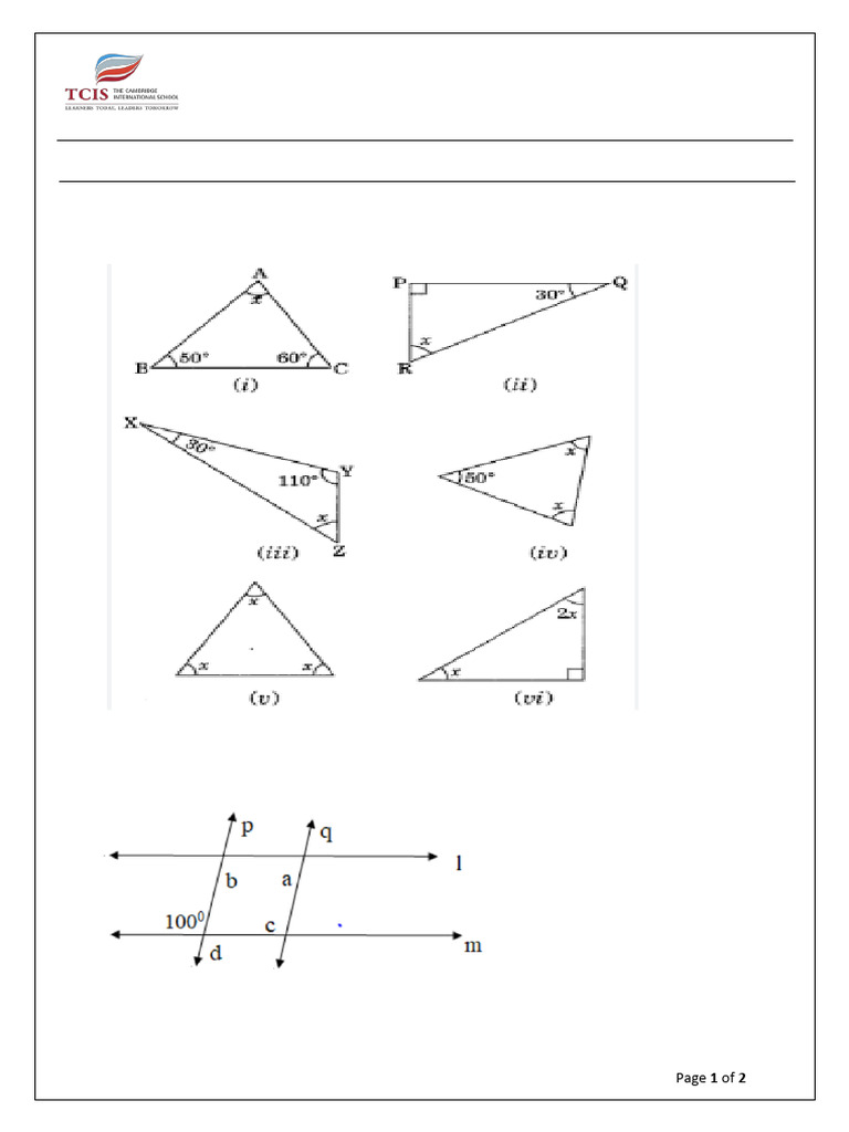 Grade 7 Math: Lines, Angles, Triangles Worksheet | PDF