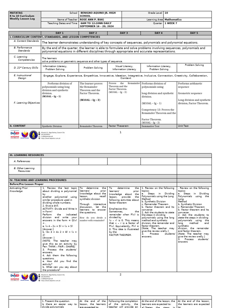 LE_G10_Mathematics_Q1_W7 | PDF | Factorization | Polynomial