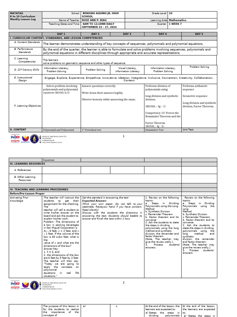 Grade 10 Math Weekly Lesson Plan | PDF | Polynomial | Equations