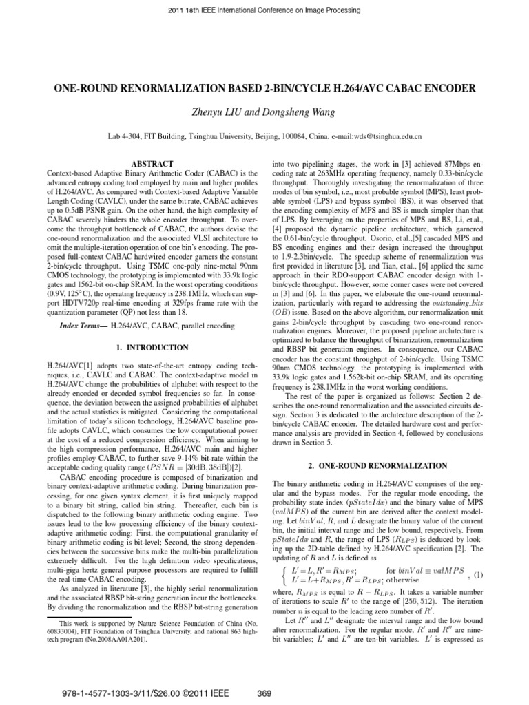 One-Round Renormalization Based 2-Bin Cycle H.264 AVC CABAC Encoder | PDF | Computer Engineering ...