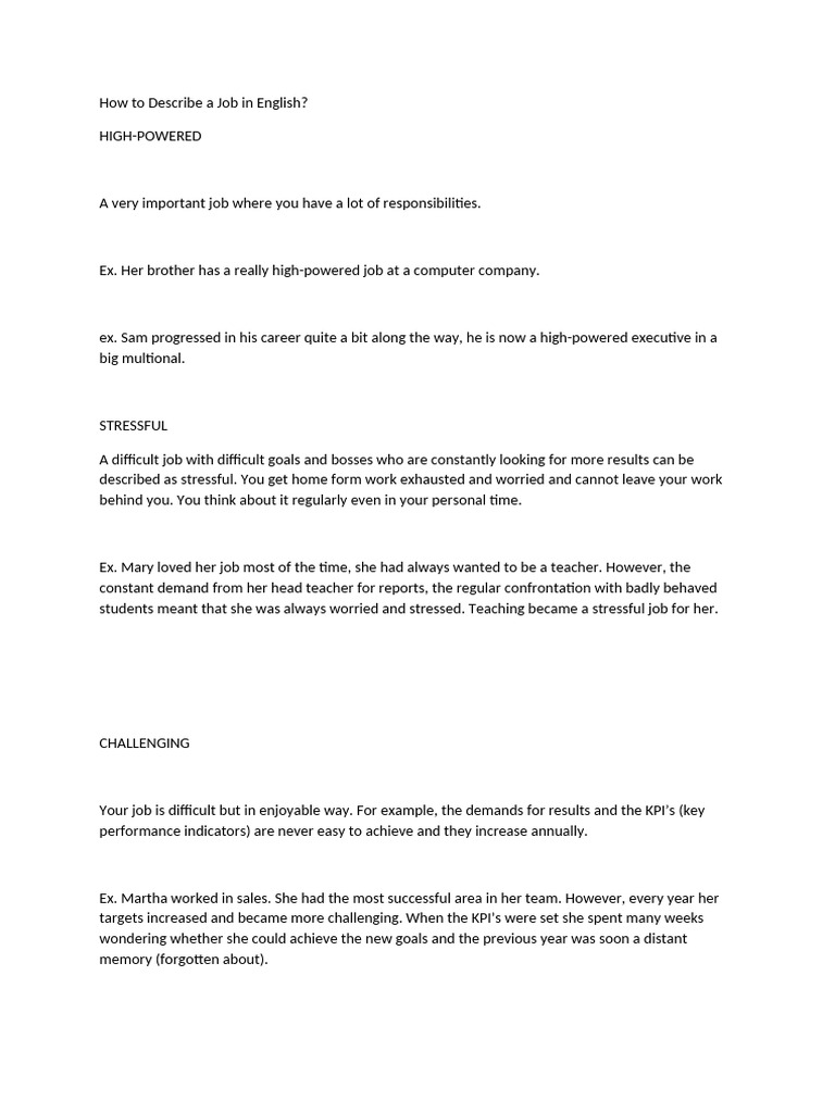 Describing Jobs in English | PDF | Performance Indicator