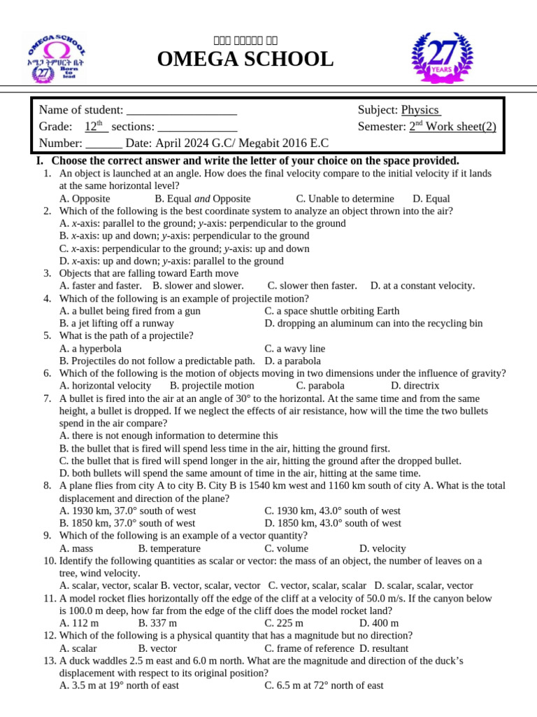 G-12 Physics Second Semester ws-2 | PDF | Force | Rotation Around A ...