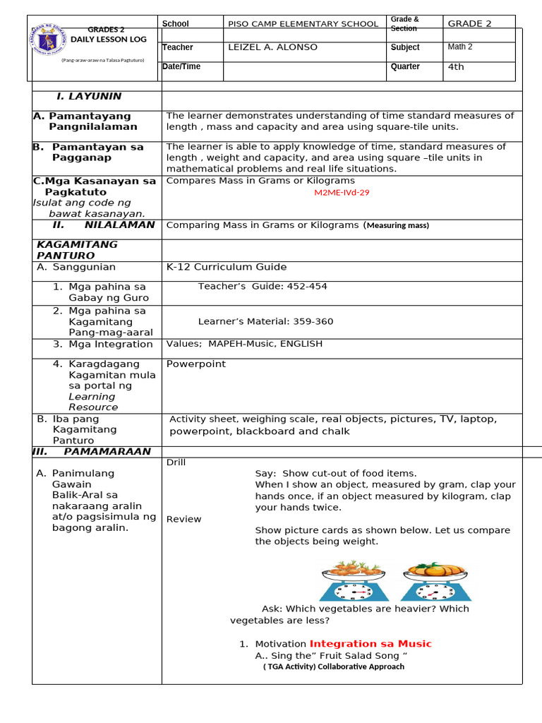 Grade 2 COT1 DLP - Math - 4th | PDF | Kilogram | Mass