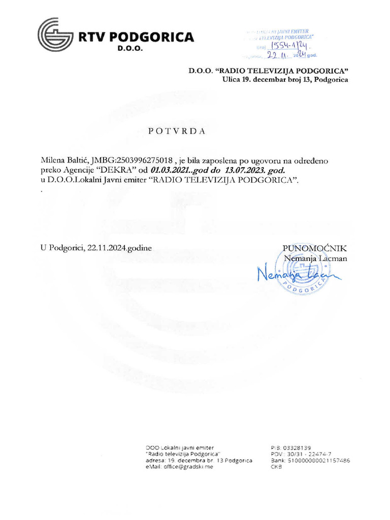 Milena Baltic Potvrda Radni Odnos u RTVPG | PDF