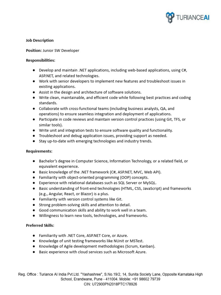 Turiance AI - Junior SW Developer JD-1 | PDF
