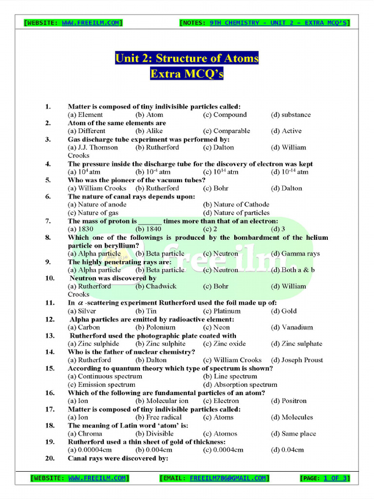 9th Chemistry Ch2 MCQ's | PDF